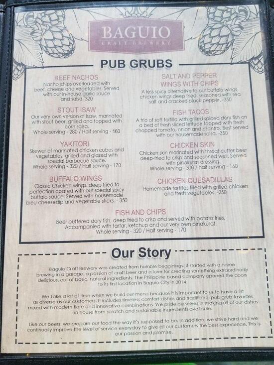 Menu at Baguio Craft Brewery restaurant, Baguio