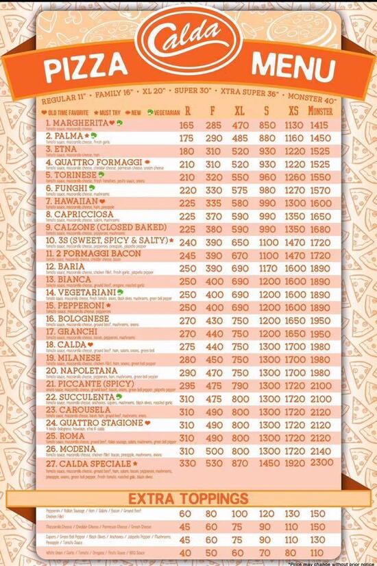 Carta de pizzería Calda Pizza Guiguinto, Guiguinto