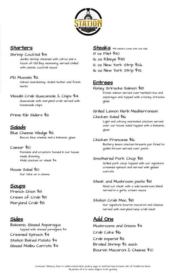Menu at The Station Steak & Grille steakhouse, Centreville