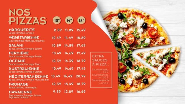 Menu at Pizza 31 restaurant, Montreal