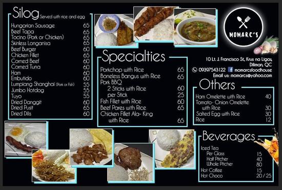 Menu at MOMARC'S (Blue House) restaurant, Quezon City