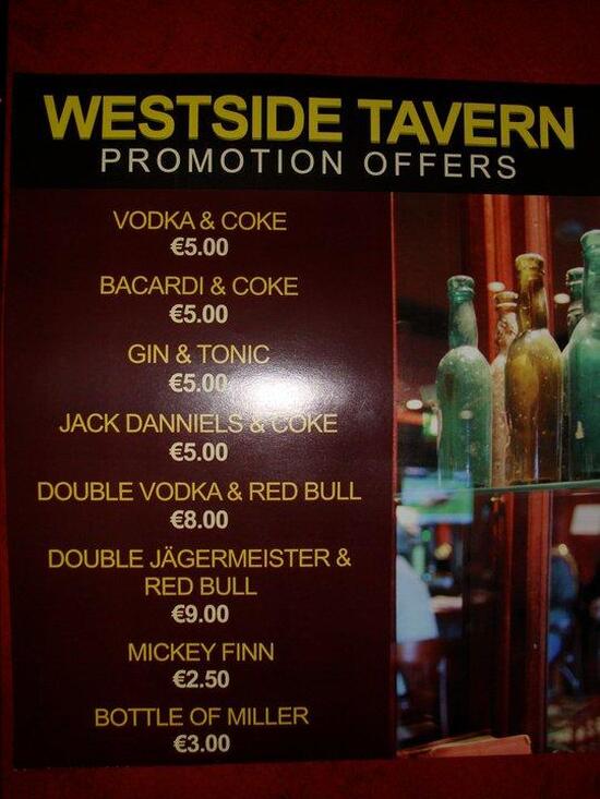 Menu at Westside tavern pub & bar, Ireland