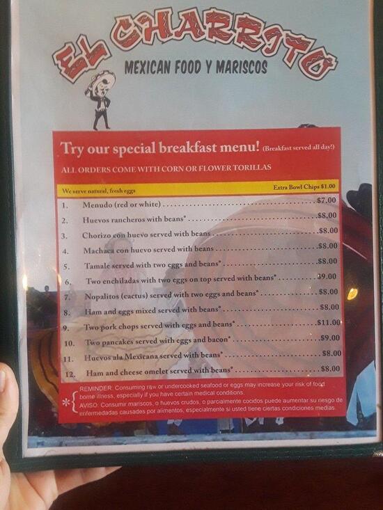 Menu at El Charrito Authentic Mexican Cuisine restaurant, Glendale