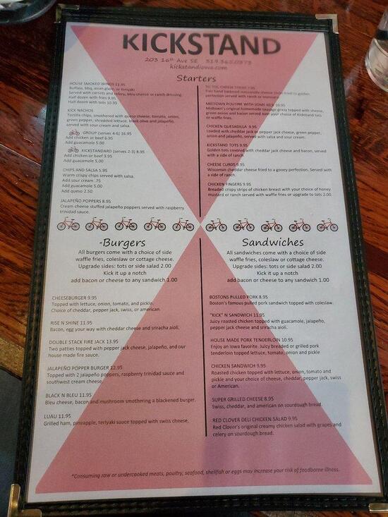 Menu at Kickstand pub & bar, Cedar Rapids