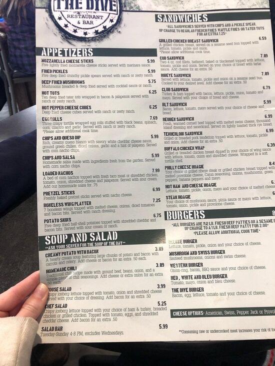 Menu at The Dive Bar and Grill, Sunman