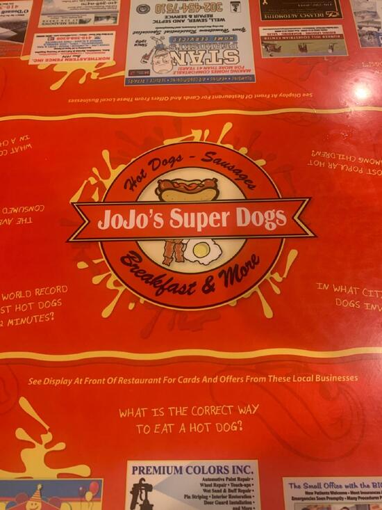 Menu at JoJo's Super Dogs restaurant, Elkton