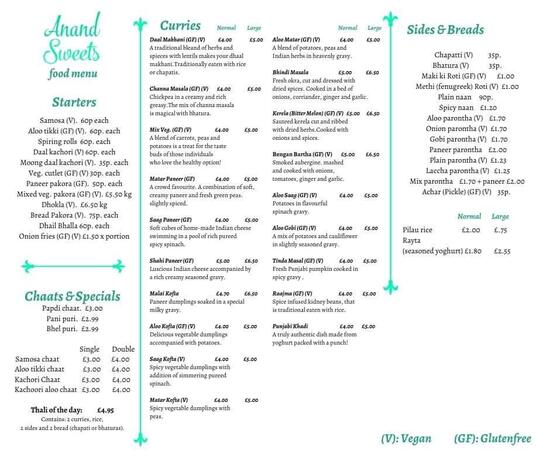 Menu at Anand Sweets restaurant, Leeds