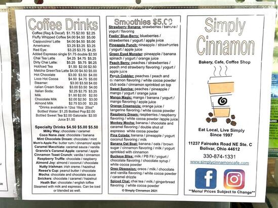 Menu at Simply Cinnamon cafe, Bolivar