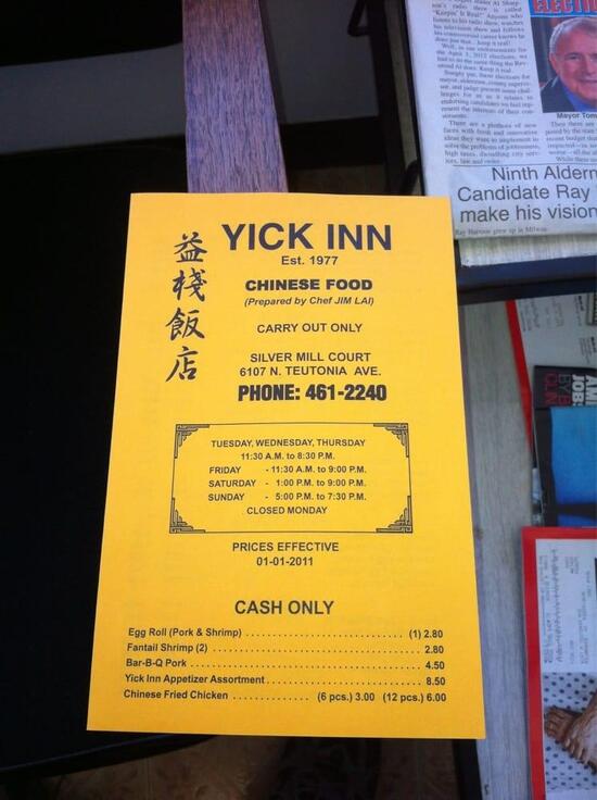 Menu at Yick Inn restaurant, Milwaukee