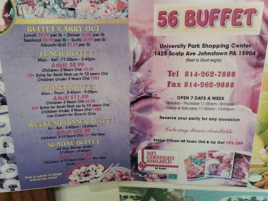 Menu at 56 Buffet restaurant, Johnstown