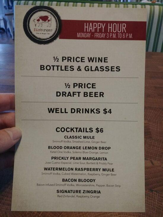 Menu at Zinburger restaurant, Scottsdale, N Scottsdale Rd