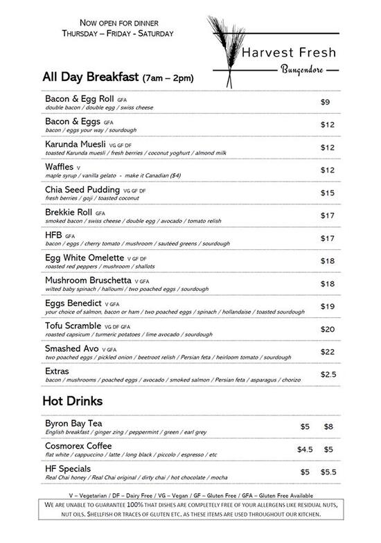 Menu at Harvest Fresh Bungendore cafe, Bungendore