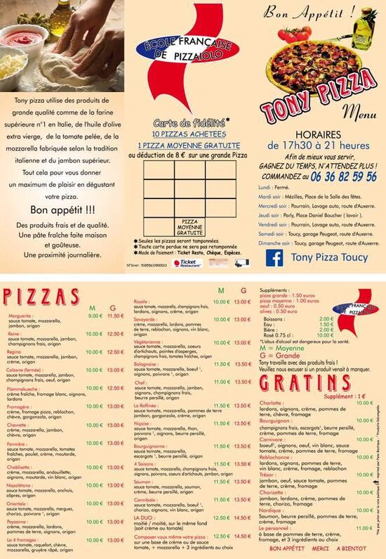 Menu at Tony pizza pizzeria, Toucy, 89130 Toucy