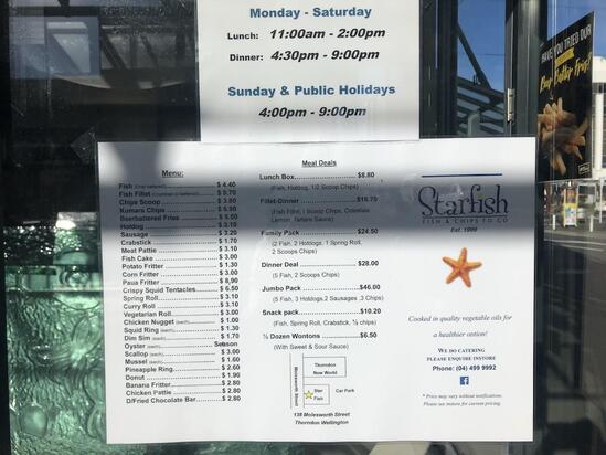 Carta del restaurante Starfish Fish & Chips To Go, Wellington