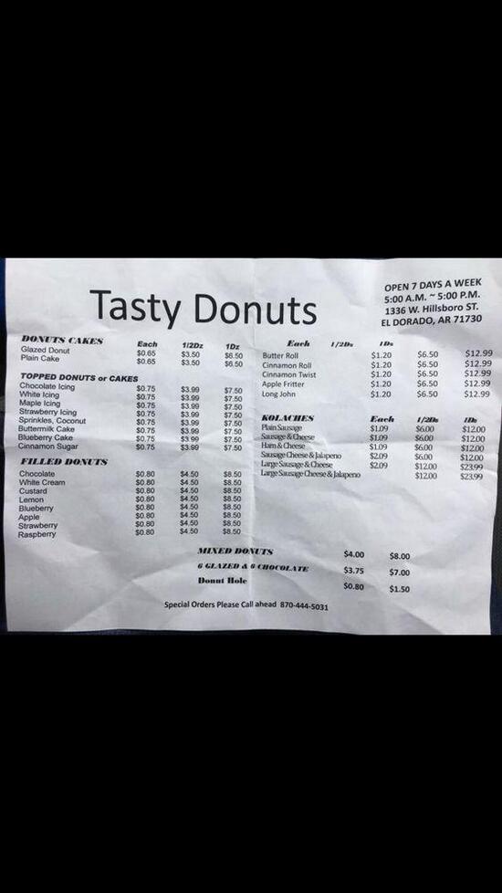 Menu at Tasty Donuts, El Dorado