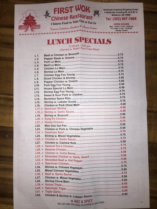 Menu at First Wok Chinese Restaurant, Long Neck, John J Williams Hwy #4