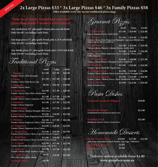 Menu at Pizza Face restaurant, Biggera Waters