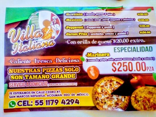 Menu at Pizzas Villa Italiana restaurant, San Marcos Nepantla