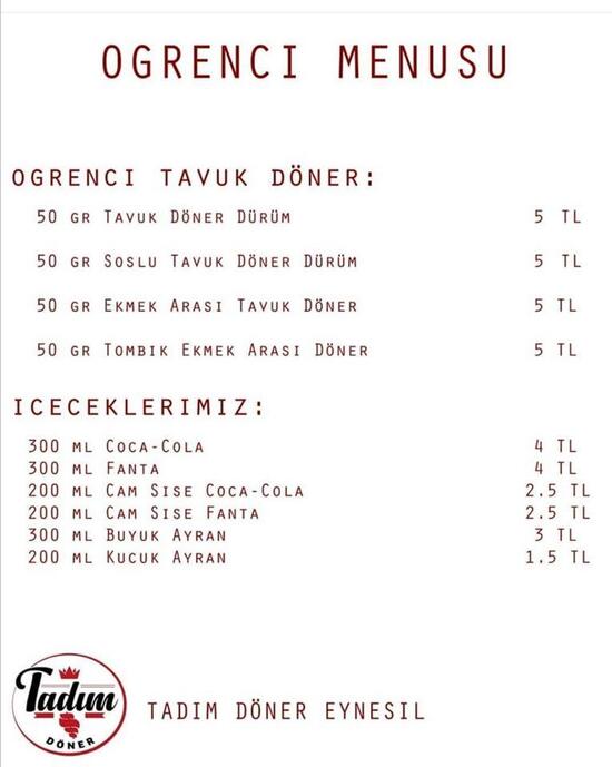 Menu at TADIM DÖNER EYNESİL, Eynesil