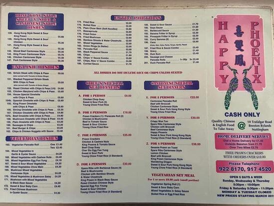 Menu at Happy Phoenix fast food, Nottingham