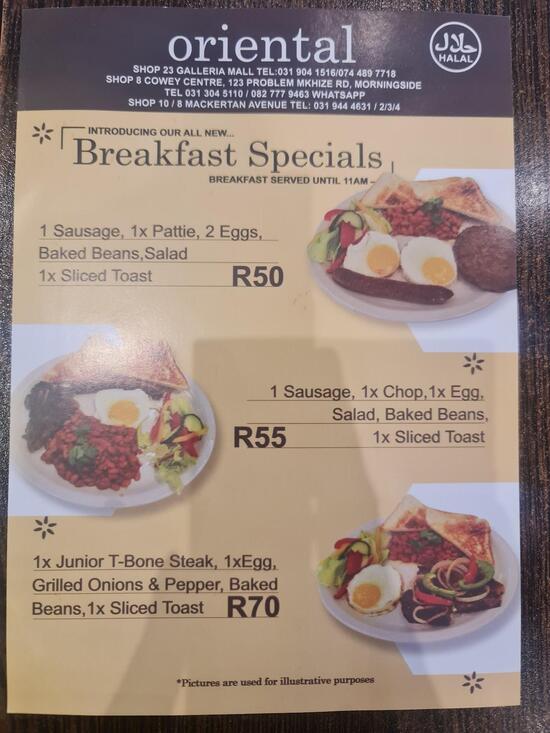 Menu at Orientals restaurant, Durban