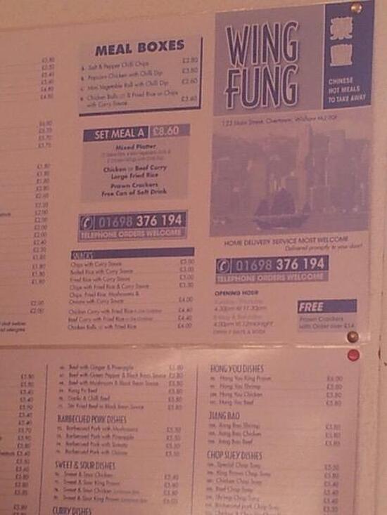 Menu at Wing Fung Restaurant, Wishaw, 123 Main St
