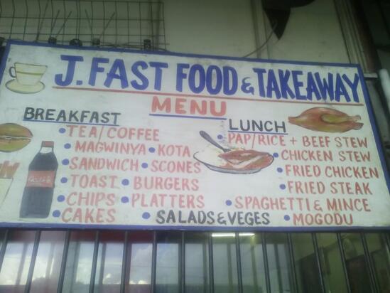 Menu at J. Fast Food & Takeaway, Johannesburg