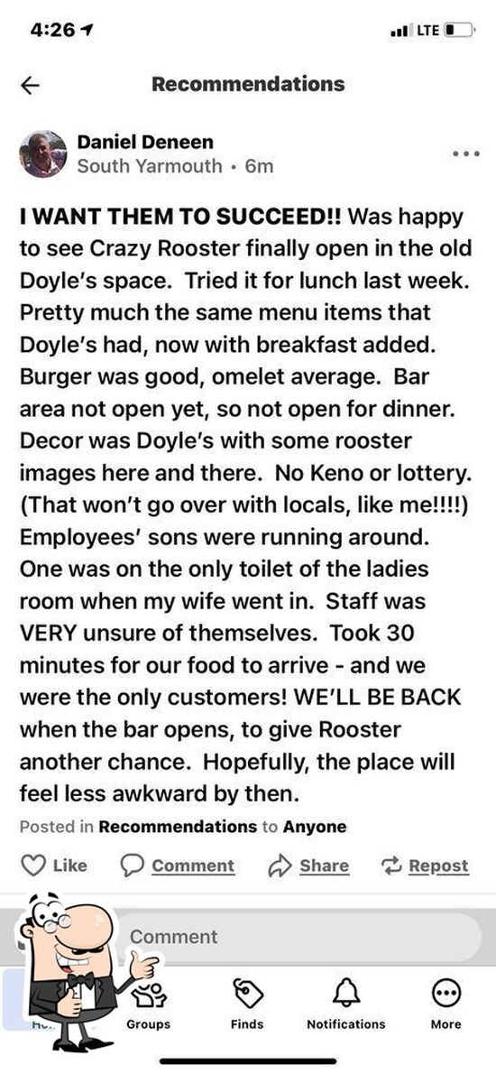 Menu at Crazy Rooster Pub& Grill, Yarmouth