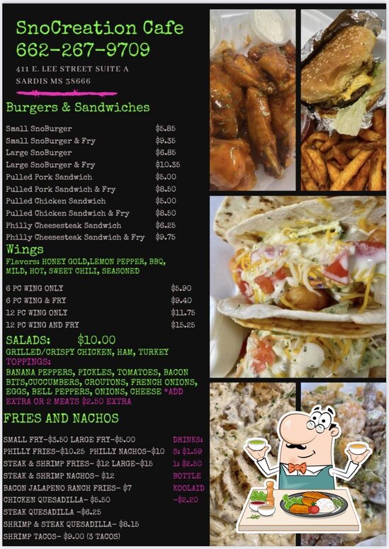 Menu at SnoCreation Cafe, Sardis