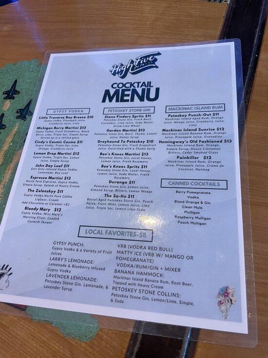 Menu at High Five Spirits pub & bar, Petoskey