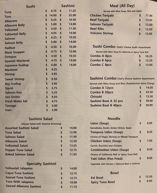 Menu at Mika Sushi restaurant, Camarillo
