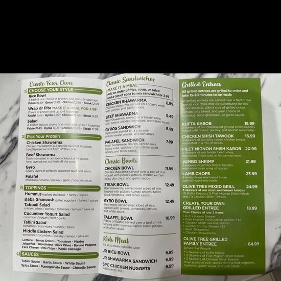 Menu at Olive Tree Mediterranean Cuisine restaurant, Burr Ridge