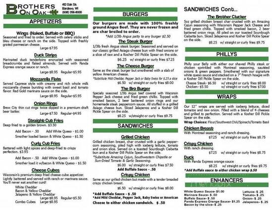 Menu at Brothers On Oak pub & bar, Baraboo
