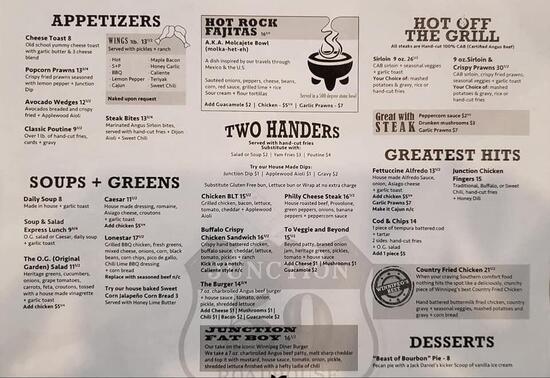 Menu at Junction 59 Roadhouse restaurant, Winnipeg