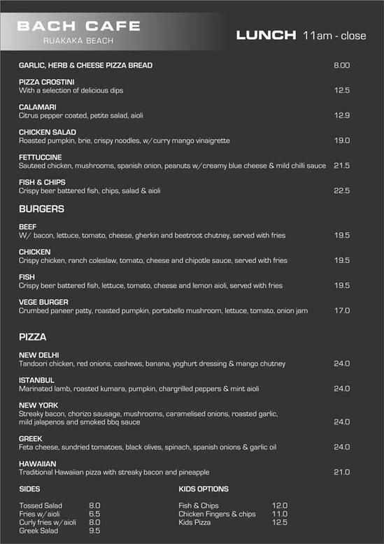 Menu at The Bach Cafe, Ruakaka
