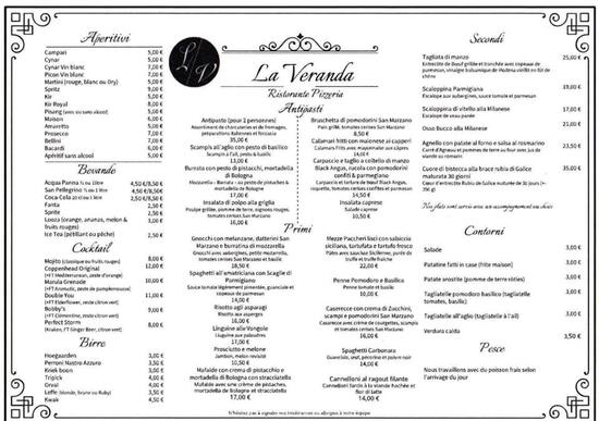 Menu at La Véranda, Charleroi