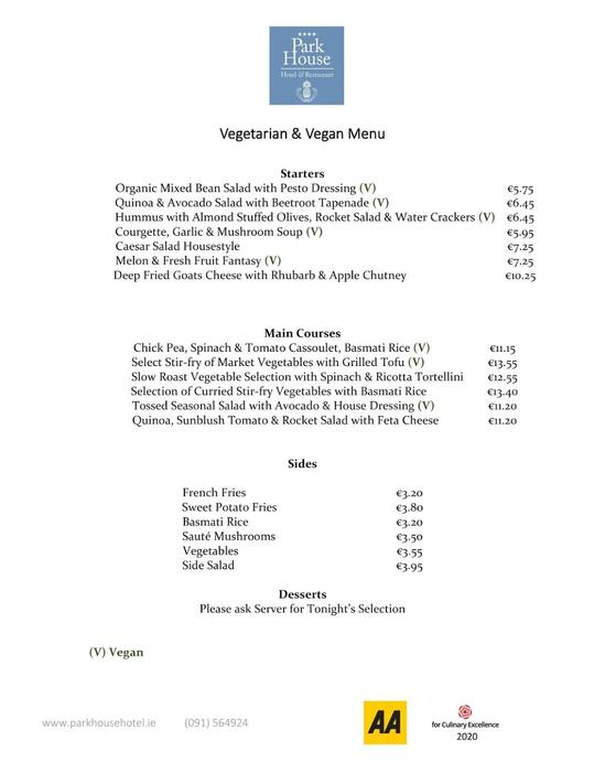 Menu at Park House Hotel restaurant, Galway