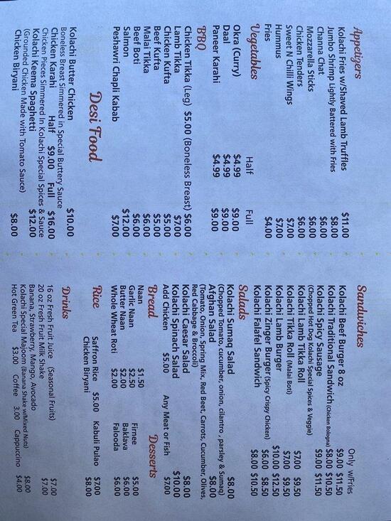 Menu at Kolachi Restaurant, Elmont