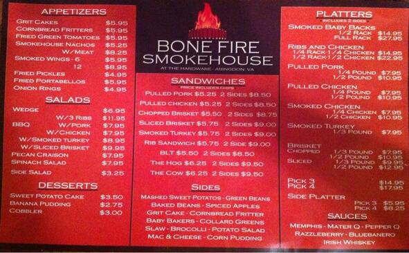 Menu at Bonefire Smokehouse BBQ, Abingdon, 260 W Main St