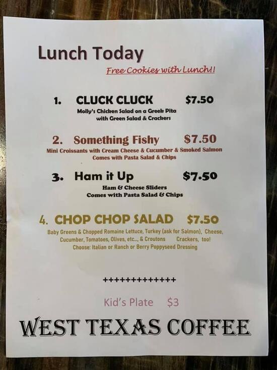 Menu at West Texas Coffee, Dimmitt
