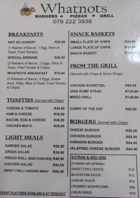 Menu at Whatnots restaurant, Pietermaritzburg