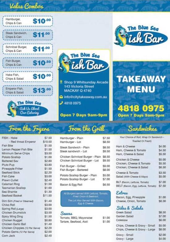 Menu at The Blue Sea Fish Bar, Mackay