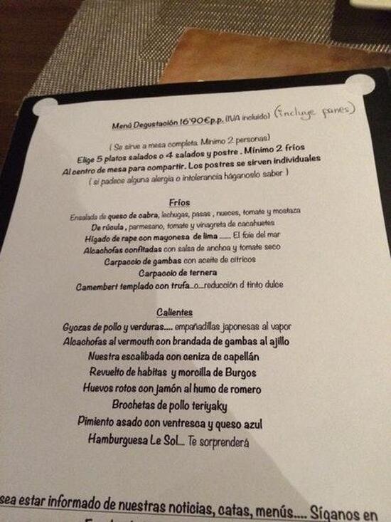 Menu at Le Sol restaurant, Benidorm, Doctor Orts Llorca 7