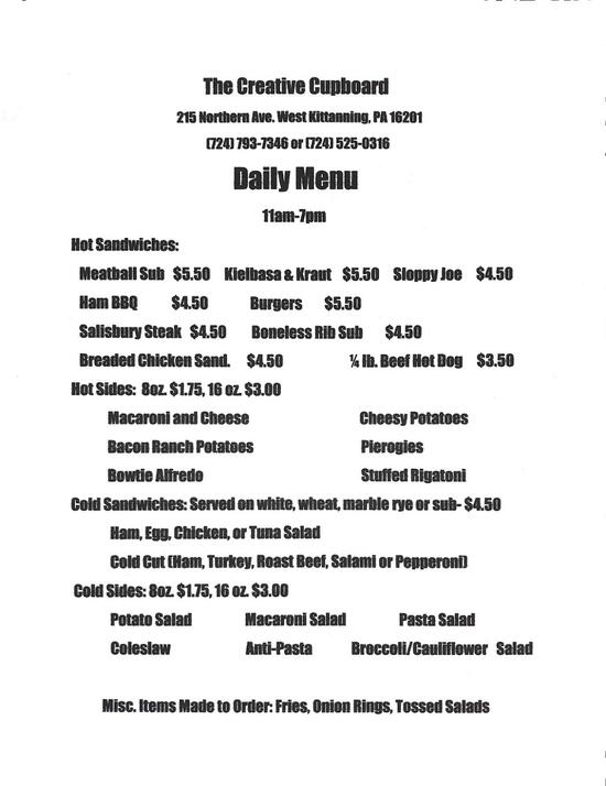 Menu at The Creative Cupboard, Kittanning