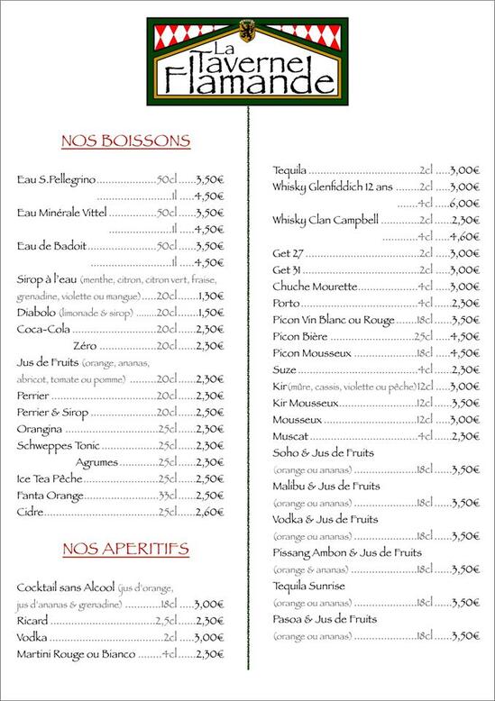 Menu at La Taverne Flamande restaurant, Millam