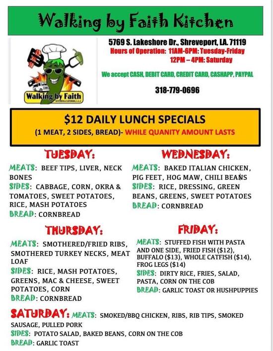 Menu at Walk By Faith BBQ, Shreveport