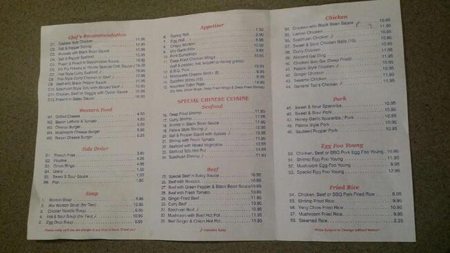 Menu at China Palace Restaurant, Ponoka