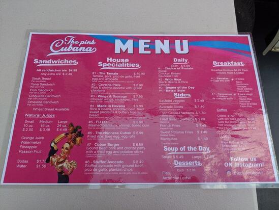 Menu at The Pink Cubana restaurant, Miami