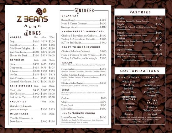 Menu at Z Beans Coffee - Piedmont Hospital, Macon