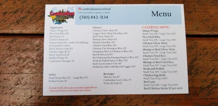 Menu at Cambodian Street Food restaurant, Oakland